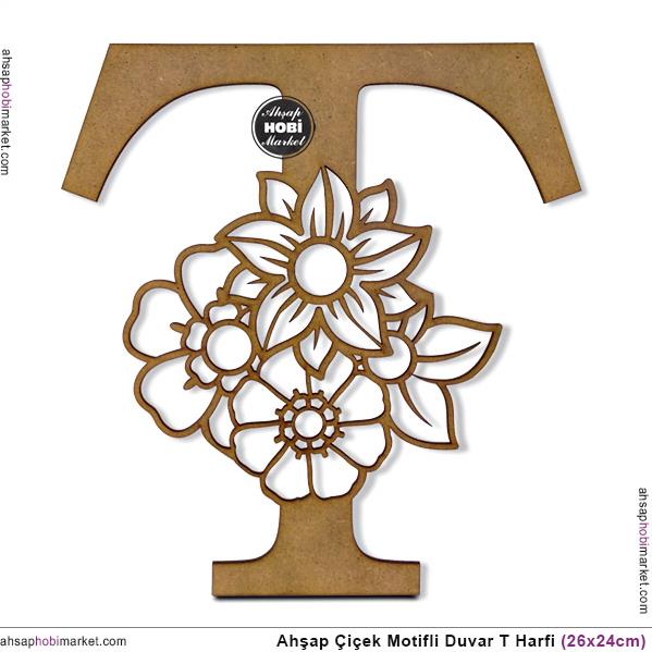 Ahşap Duvar Harfleri Motifli T Harfi (26x24cm) - Ahşap Hobi Market