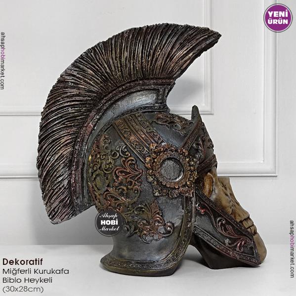 Dekoratif Miğferli Kurukafa Heykeli (30x28cm) - Ahşap Hobi Market