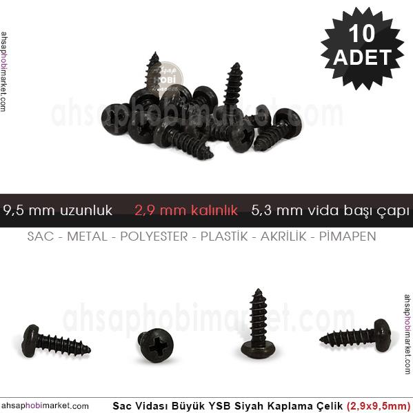 Sac Vidası Büyük Boy Siyah YSB (2,9x9,5mm) 10 Adet - Ahşap Hobi Market